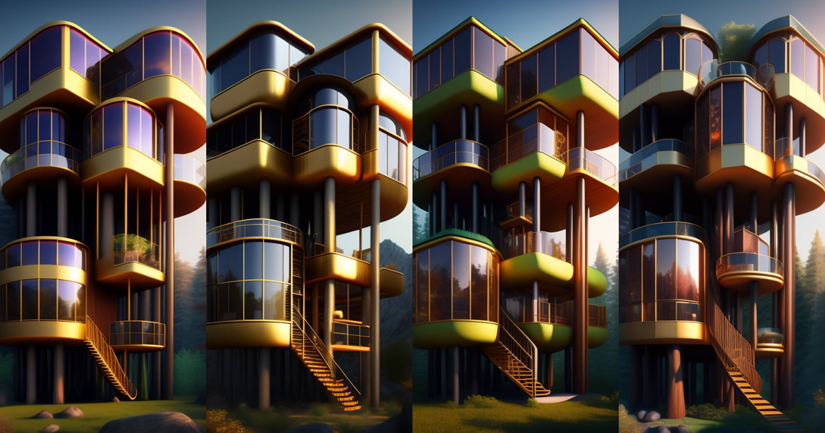 Lexica - An over engineered luxury treehouse, complex architecture, sun ...